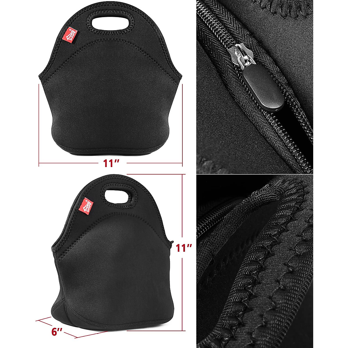 yookee home Black Lunch Bag, Insulated Lunch Box, Thick and Reusable Thermal Lunch Tote Bag, Small Neoprene Lunchbags with Zipper for Adults Kids Nurse Teacher School Work Outdoor Travel Picnic