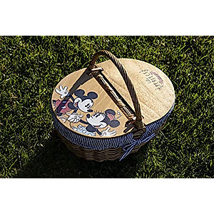 PICNIC TIME - Disney Mickey & Minnie Mouse - Country Vintage Picnic Basket with Lid - Wicker Picnic Basket for 2, (Navy Blue & White Stripe)