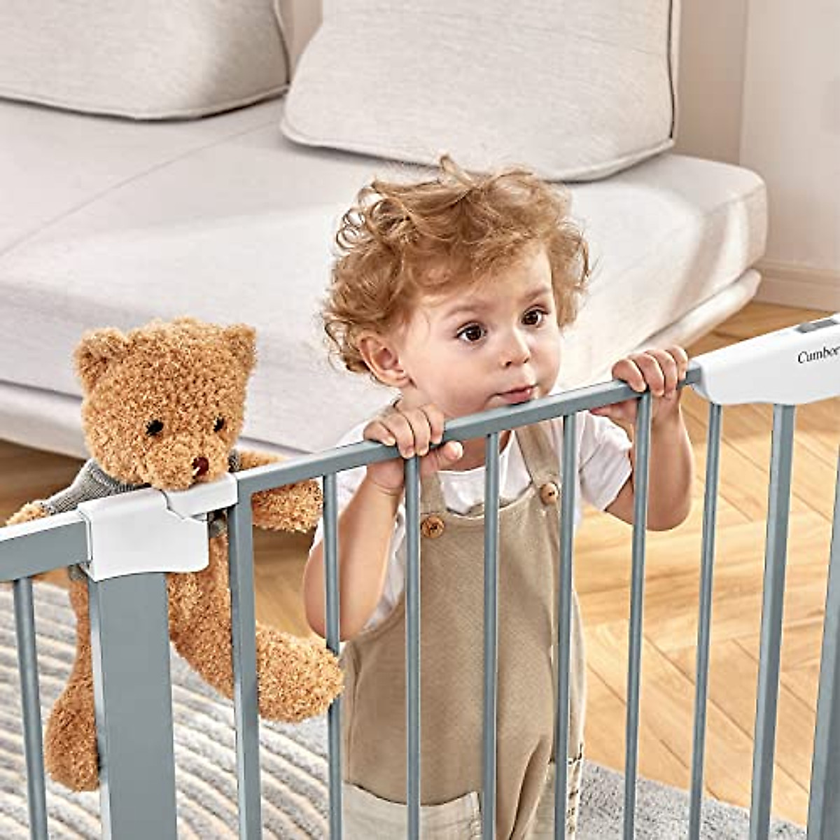Mom's Choice Awards Winner-Cumbor 29.7-46" Auto Close Baby Gate for Stairs, Easy Install Pressure/Hardware Mounted Dog Gates for The House Indoor, Easy Walk Thru Wide Safety Pet Gates for Dogs, Gray