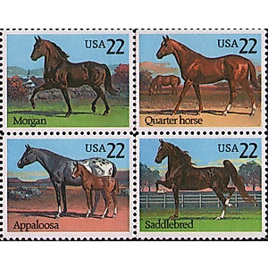 AMERICAN HORSES #2158a Block of 4 x 22Ã‚¢ US Postage Stamps by U.S. Mail