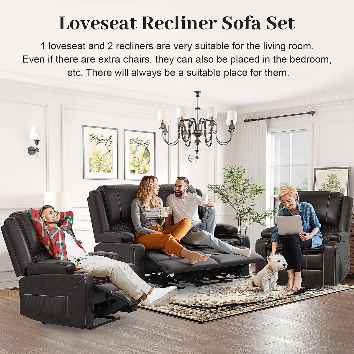 Yolsali Loveseat Recliner Sofa Set with 2-Tier Cushion, 2+1+1 Pieces in Living Room, 2 Seater Reclining Loveseat Leather with Removable Console, 2 Oversize Recliner Chair Sofa Seat