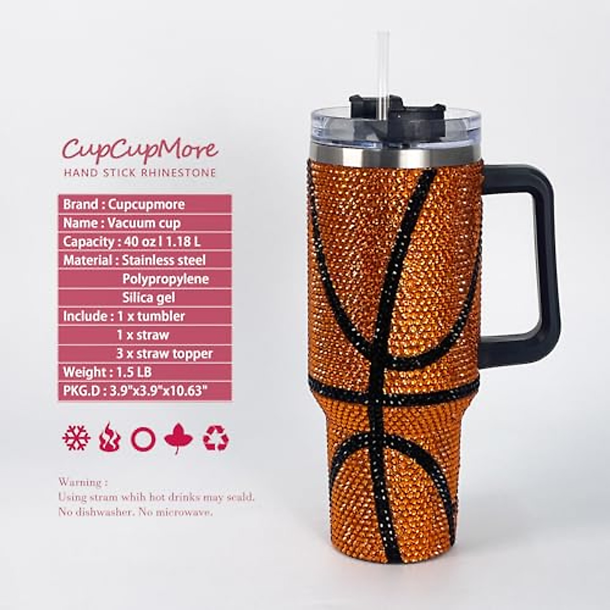 Cupcupmore 40oz Basketball Bling Rhinestone Stainless Steel Sippy Tumbler Glitter Vacuum Insulated Water Bottle with Straw & Lid &Handle,Thermos for Hot & Cold Drinks,Car Cup Holder,Coffee
