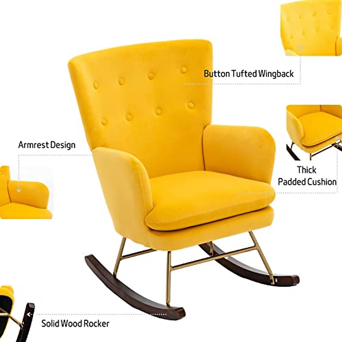 HEAH-YO Comfy Nursery Rocking Chair, Modern Glider Rocker Chair with Armrest, Upholstered Relax Velvet Lounge Chair with Thick Cushion for Living Room, Yellow