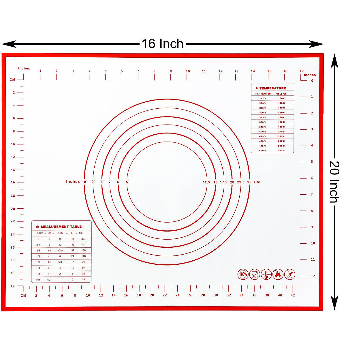 Non Slip Silicone Pastry Mat with Measurements Nonstick, 16 x 20 Inch Thick Baking Mat for Rolling out Dough Red Food Grade Silicone Baking Mats for Cookie, Cake, Pizza