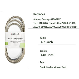 110-6892 Toro Mower Belt TimeCutter Z5000 Z5020 Z5030 Z5035 Z5040 Z5060 with 50" Deck Gravely 07200107 Lawn Mower Kevlar Deck Belt 1/2" x 140"