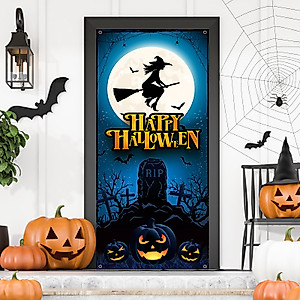 Panelee Halloween Door Decorations 79 x 35 Inches Skeleton Witch Window Door Cover Photo Posters Banner Backdrop Halloween Wallpaper Sticker for Front Door Porch Halloween Party Supplies(Moon, Witch)