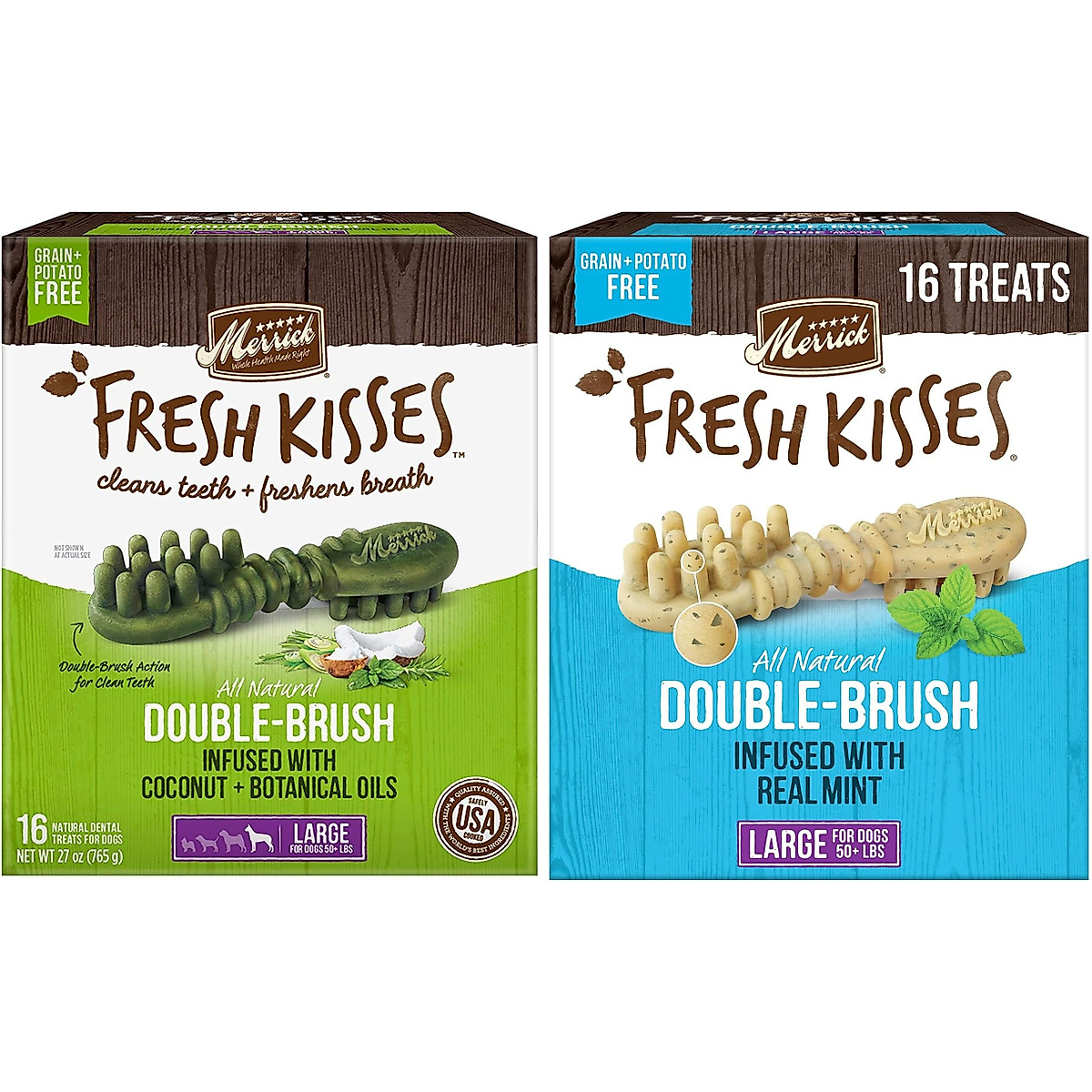 (2 Pack) Merrick Fresh Kisses Double-Brush Dental Dog Treats, Infused with Coconut & Botanical Oils and Mint Breath Strips, Cleans & Freshens Breath for Large Dogs, 16 Dental Dog Treats/Pack (Large)
