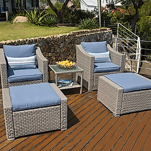 COSIEST 5-Piece Outdoor Furniture Lounge Set Warm Gray Wicker Sectional Sofa w Thick Cushions, Glass-Top Table, 2 Ottomans, 2 Pillows for Garden, Pool, Backyard (Blue)