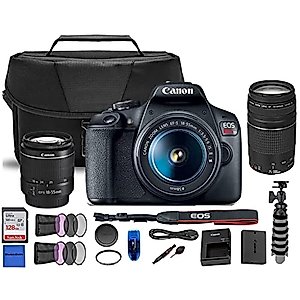 Camera EOS Rebel T7 DSLR Camera w/EF-S 18-55mm F/3.5-5.6 Lens + EF 75-300mm f/4-5.6 III Lens + Deluxe Case + Sandisk 128GB Memory Card + 3pc Filter Kit + Tripod + Card Reader + Cleaning Kit
