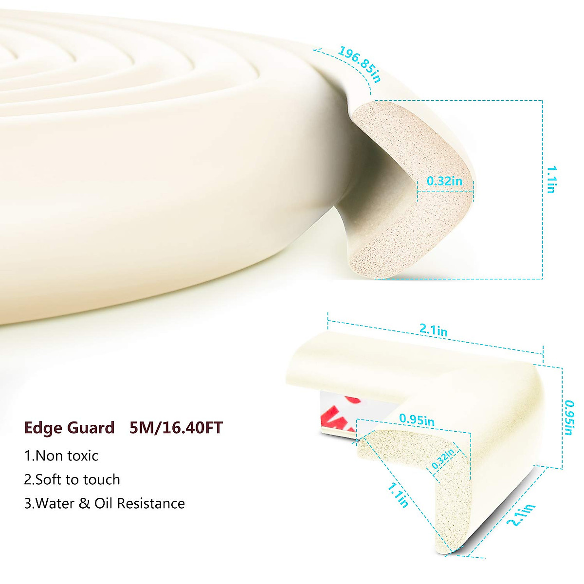 Rabofly Baby Proofing Edge & Corner Guards, 17.6ft - (16.40ft Edge + 4 Corners)Furniture Bumper Cushion Table Edge Corner Protector Non Toxic and Safe for Fireplace, Stair, Cabinet, Countertop, White