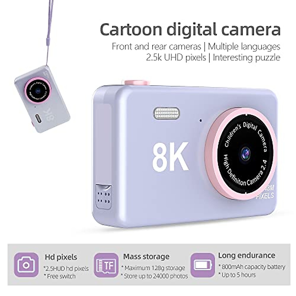 Digital Camera for Kids Girls Boys- 48MP Kids Camera with 32GB SD Card, Full HD 1080P Front and Rear Cameras Rechargeable Mini Camera for Students, Teens, Kids - Purple