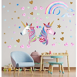 vkbuou Unicorn Rainbow Wall Decals Removable Wall Stickers for Girls Bedroom with Heart Star Cloud Rainbow Perfect Unicorn Wall Decals to Decorate Kids Room Nursery Birthday Party (3 Sheets)