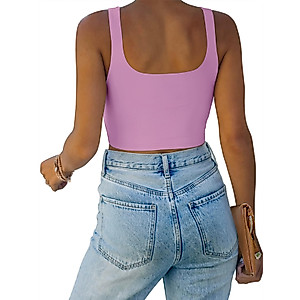 REORIA Women's Summer Sexy Basic Sleeveless Square Neck Fitted Seamless Yoga Cropped Tank Cute Crop Tops Violet Medium
