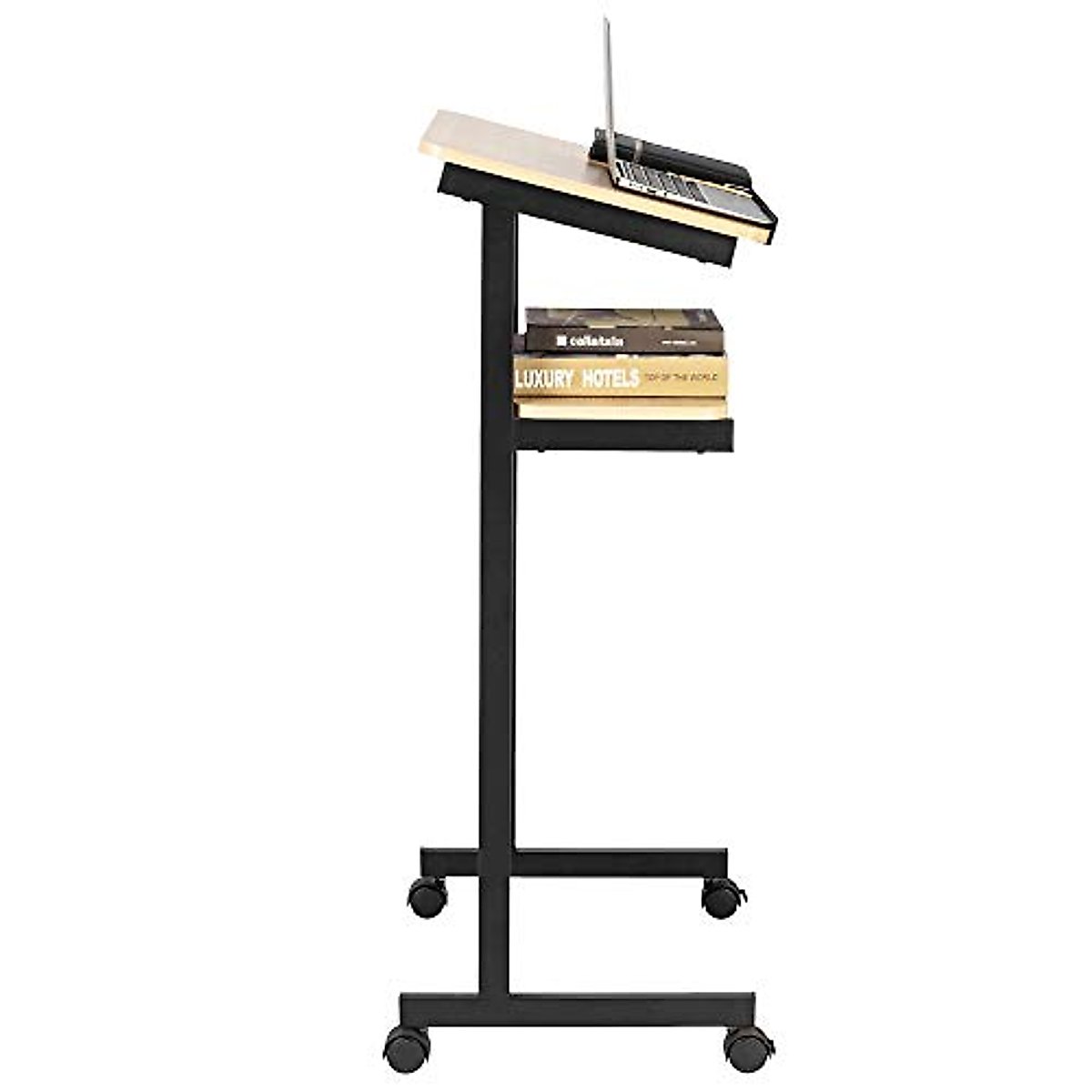 Bonnlo Mobile Wheeled Lectern Standing Podium, Portable Lecture Speech Teach Platform for Classroom Church or Ceremony, Multi-Function Reading or Laptop Desk, Table w/Tilted Top Board & Edge Stopper
