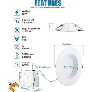 Lightdot Ceiling Light Fixture, Retrofit LED Recessed Lighting 6 inch, Downlight with Baffle Trim, Canless with Junction Box-10Pack