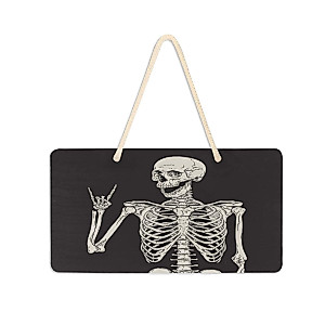 Human Skeleton Skull Hanging Door Sign Plaque, Funny Halloween Wall Signs Home Decor with String Decorative Hanging Sign for Front Door Yard Garden Entrance Porch Farmhouse Office 6x11 inches