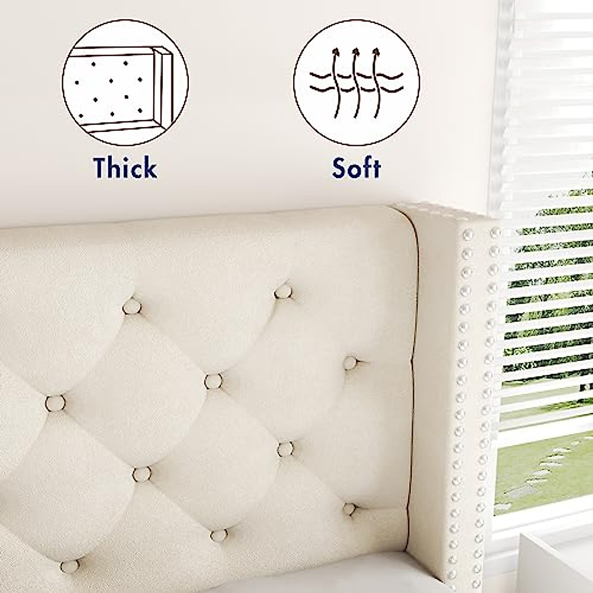 Lonkwa Full Size Bed Frame with Upholstered Wingback Headboard, Beige Platform Bed Frames with Tufted Diamond Button Headboard, Sturdy Wooden Slats, Noise-Free, Easy Assembly
