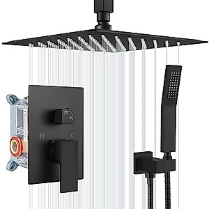 Aolemi Ceiling Mount Shower System, 12 Inch Rain Shower Head with Handheld Spray High Pressure Shower Faucet Set Rough-in Valve and Shower Trim Included Bathroom Matte Black Square Knob