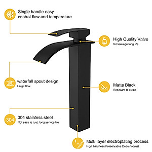 BESy Black Waterfall Spout Bathroom Faucet, Tall Single Handle Bathroom Vessel Sink Faucet, Rv Lavatory Vessel Faucet Basin Mixer Tap, Stainless Steel/Matte Black