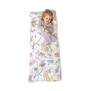 JumpOff Jo - Extra Long Toddler Nap Mat - Sleeping Bag for Kids with 5lb. Detachable Weighted Blanket and Removable Pillow for Preschool, Daycare, and Sleepovers - 53 x 21 Inches - Fairy Blossom
