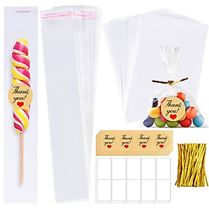 Cellophane Bags Total 200 Pcs (100 Pcs 4"x6" Flat Cellophane Bags & 100 Pcs 2"x10" Self Sealing Pretzel Rod Bags) Clear Cello Bags OPP Treat Bag Poly Bags for Bakery Favors Packaging with Twist Ties