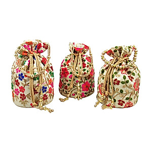 GoldGiftIdeas Glorious Vintage Floral Potli Bags,Indian Bridal Clutch,Traditional Potli Bags for Return Gift, Ethnic Rajasthani Potli Bags, Fancy Wedding Potlis (Set of 3)