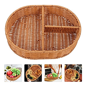 DOITOOL Rattan Serving Tray 3 Compartments Wicker Fruit Bread Basket Woven Ottoman Tray Rustic Cupcake Snack Candy Serving Platter for Appetizer Vegetable Storage