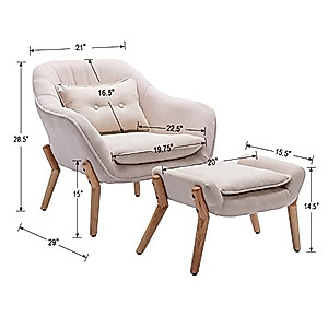Lei Yu Shunzhi Wood Armchair with Ottoman Mid Century Modern Upholstered Barrel Chair Tufted Living Room Comfy Reading Lumbar Pillow Cushion Leisure Sofa Corner for Small Place, Beige