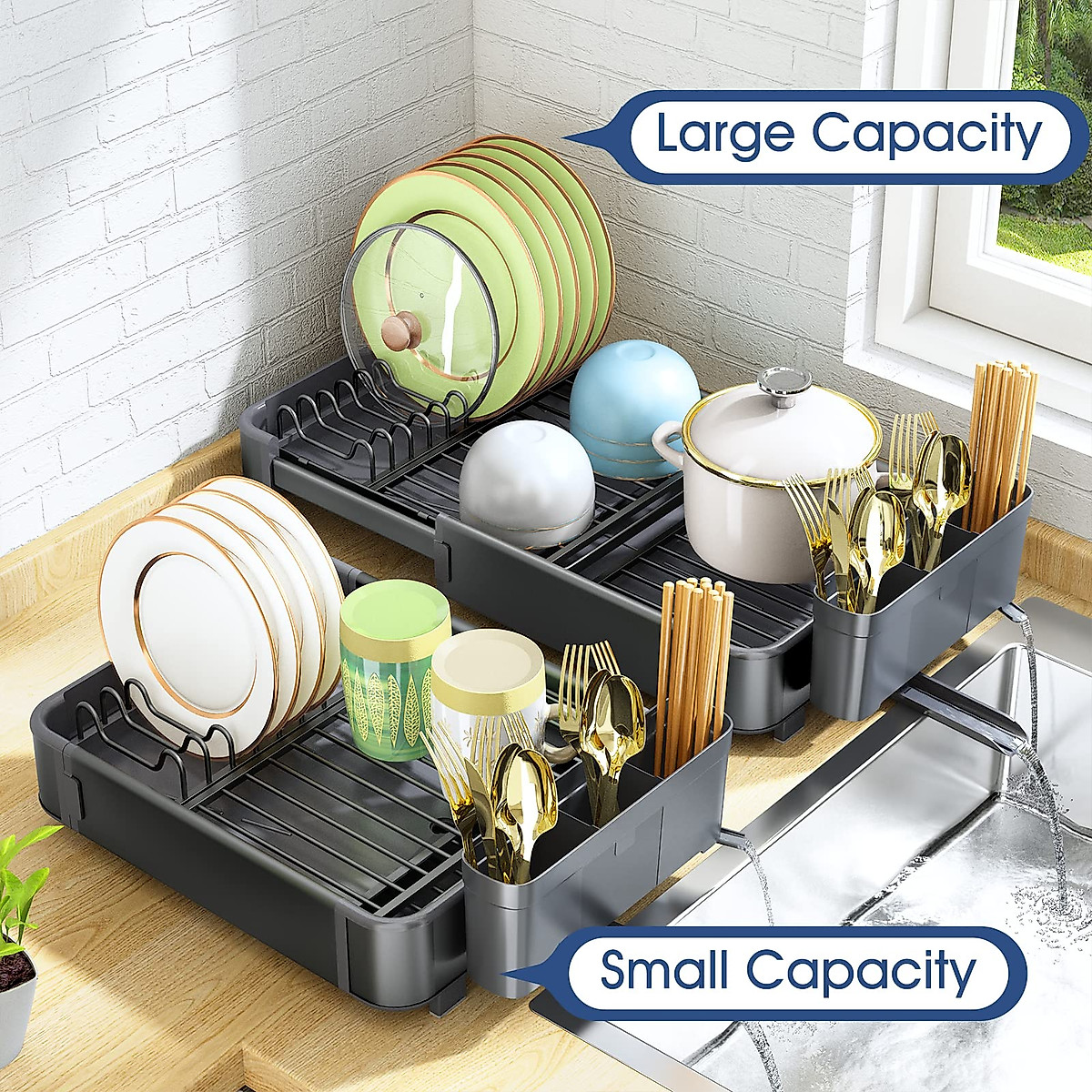 HERJOY Aluminium Dish Drying Rack, Dish Racks for Kitchen Counter, Expandable(14.9"-22.2") Kitchen Large Capacity Dish Drying Rack with Drainboard, Dish Rack with Utensil Holder(Drying Mat Gift)