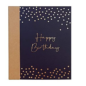 Birthday Card - Single Happy Birthday Greeting Card with Gold Foil Stars and Lettering on Textured Dark Blue Paper with Kraft Envelope - 5" x 7" - Blank Inside