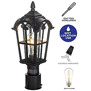 Dusk to Dawn Motion Sensor Outdoor Post Lights Exterior lamp Post Light Fixture, Waterproof Pole Lanern Black with Clear Tempered Glass for Garage Patio Garden Front Door