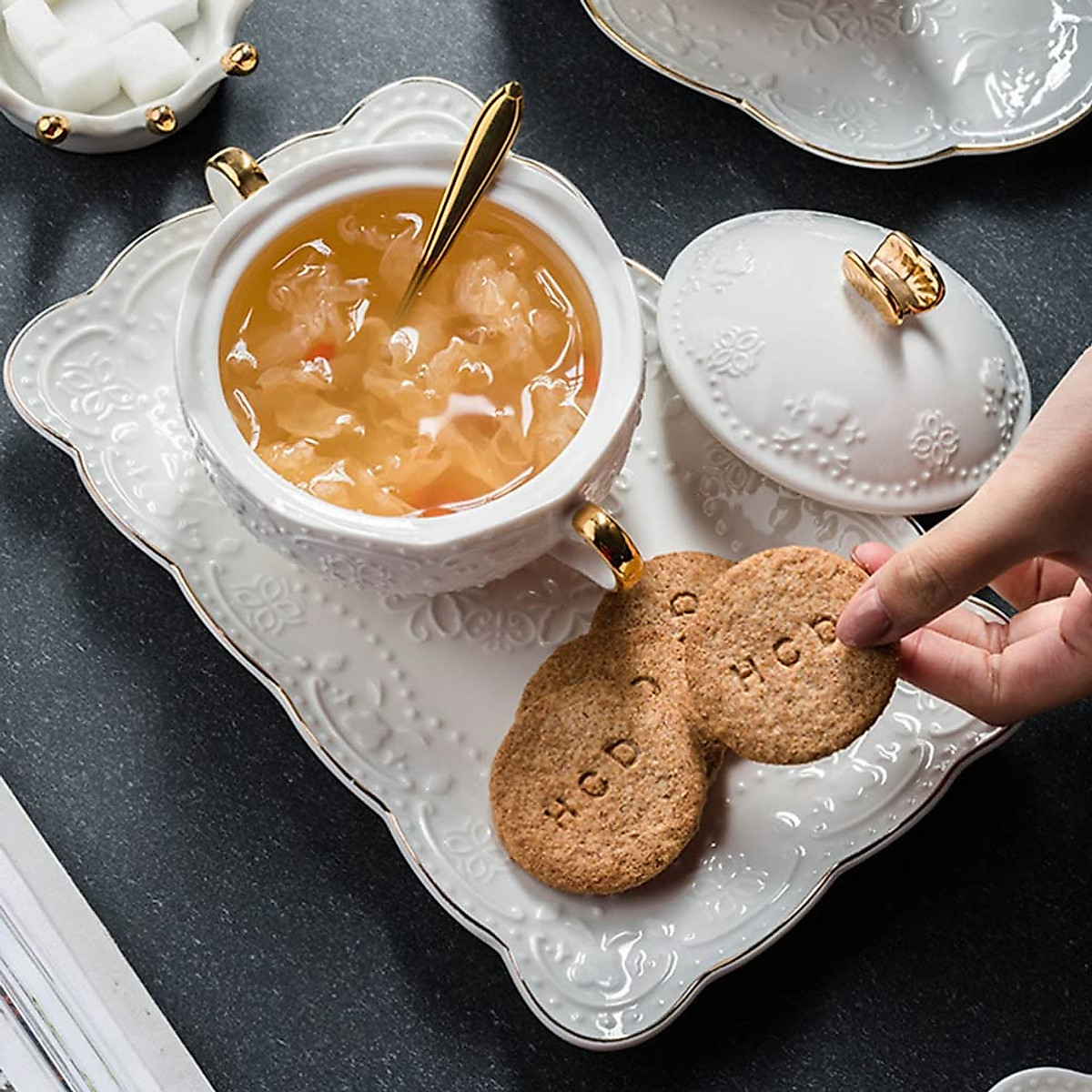 Hemoton Coffee Cups Ceramic ceramic stew pot with tray lid and porcelain soup bowl steam bowl soup bowl steaming cup food bowl for kitchen egg custard medicinal birds white Decaf Coffee