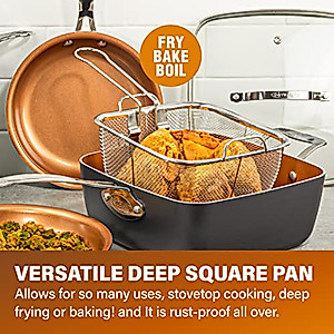 Gotham Steel Nonstick Square Deep Frying Pan, 9.5” Large Frying Pan & Cooking Pan with Ceramic Nonstick Coating, 4 Pc Titanium Ceramic Deep Frying Pan with Lid, Basket & Steamer Tray, Dishwasher Safe