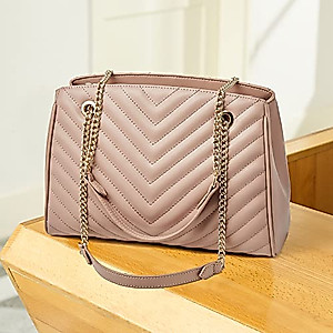 FOXLOVER Geniune Leather Tote Bags for Women, Ladies Medium Designer Shoulder Purse Quilted Handbag with Chain Strap (Apricot)