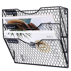 PAG Wall File Holder Hanging Mail Organizer Metal Chicken Wire Wall Mount Magazine Rack, 3-Tier, Black