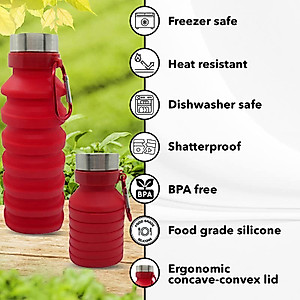 Gadgetime USA Collapsible Water Bottle (Red) Reusable, BPA Free, Silicone, Foldable Portable & Leak Proof - Water Bottles for Travel Gym Camping Hiking - Sports Water Bottle with Carabiner