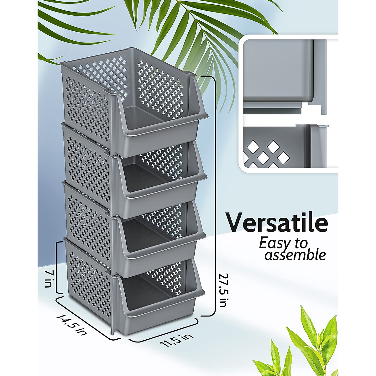 TidyFriend Stackable Storage Bins for Pantry, 4 Pack Stackable Bins For Organizing Food, Kitchen, and Bathroom Essentials (Grey)