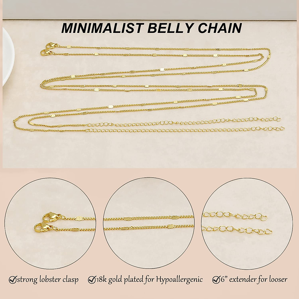 Honsny 2PCS 25-43Inch 18K Gold Plated Waist Chain Minimalist Pearl Belly Body Chain Gold Layered Sexy Bikini Body Chains Waist Jewelry for Women