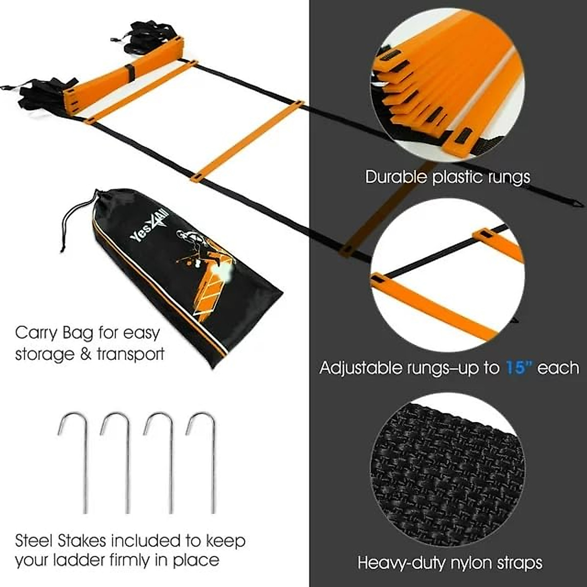 Yes4All Ultimate Combo Agility Ladder Training (Orange) Set – Speed Agility Ladder Orange 12 Adjustable Rungs, 12 Agility Cones & 4 Steel Stakes - Included Carry Bag