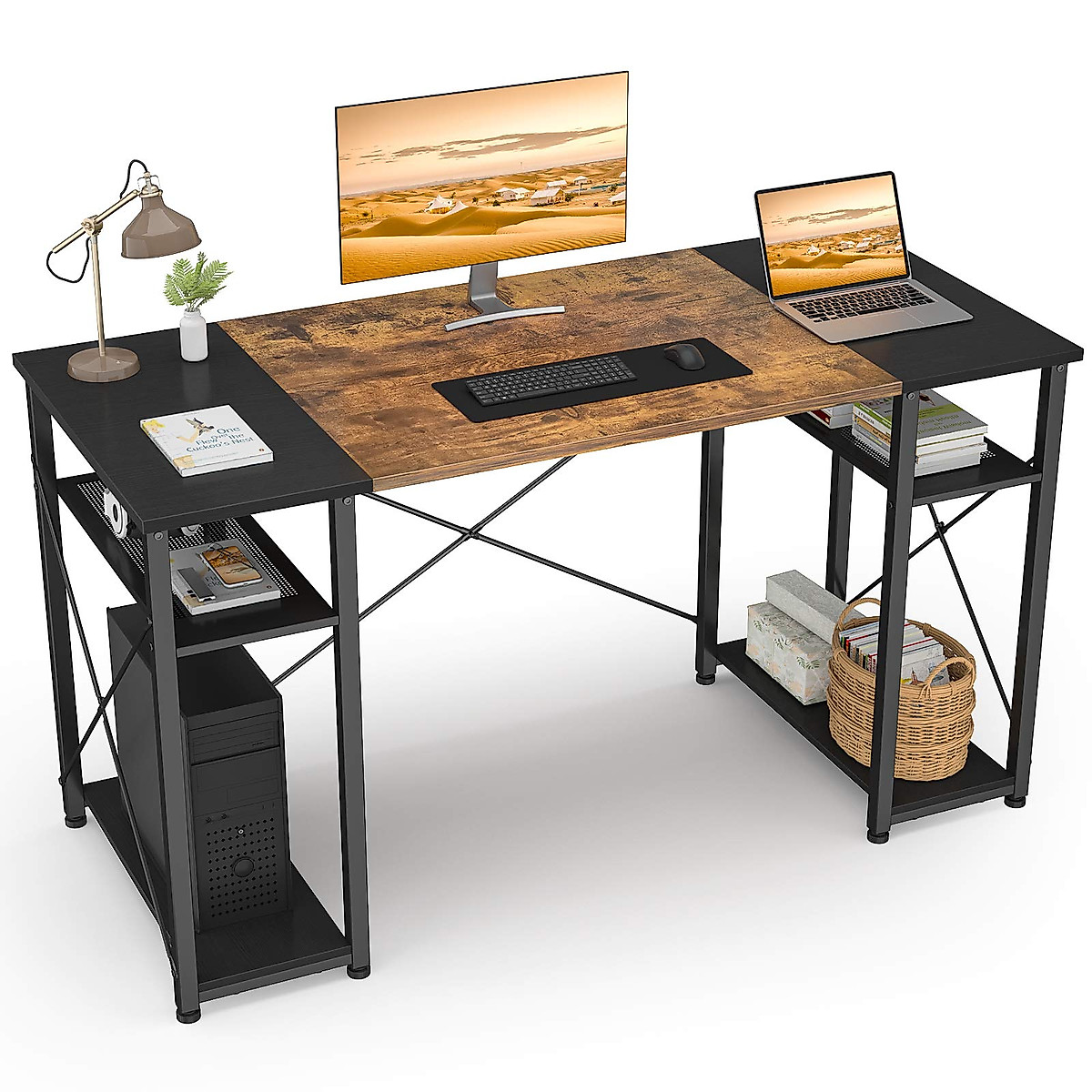 Foxemart Computer Desk 47" Office Desk with Storage Shelves, Industrial Student Study Writing Desk, Modern Work Desk for Home Office, Small Desk Gaming PC Table Workstation, Rustic and Black