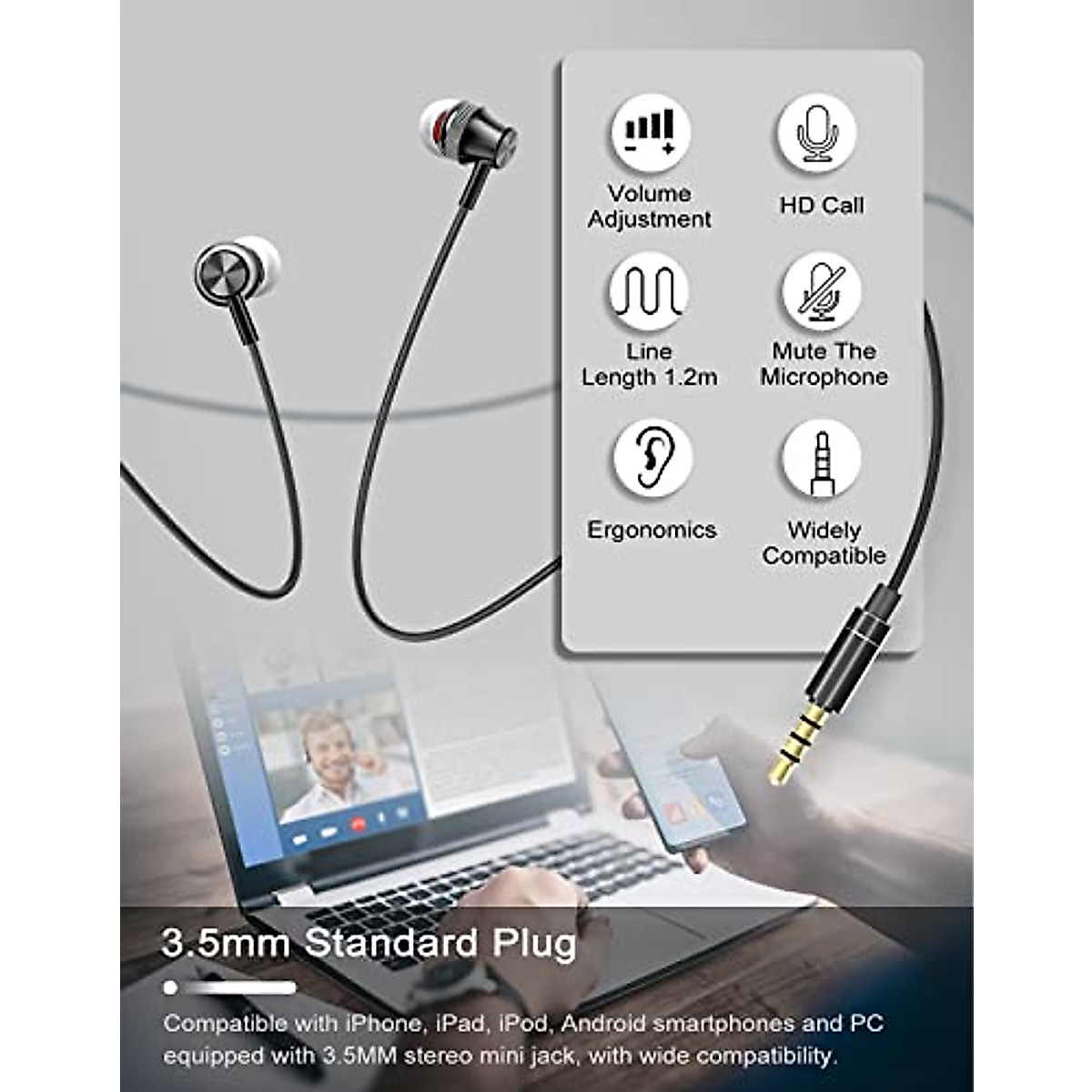 Wired Earbuds with Microphone,3.5MM in-Ear Earphone Noise Isolated&Volume Control for Sports Running Workout Compatible for Laptop & Desktop Computers, Game Players and Other Audio Players 8.2FT