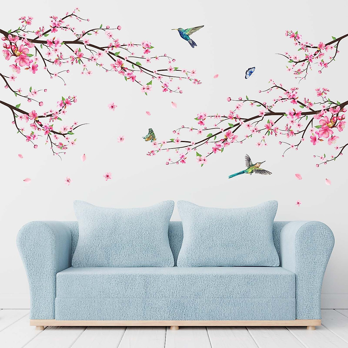 Amimagen Pink Watercolor Cherry Blossom Wall Stickers - Tree Branch Flower Birds Wall Decals - Bedroom Living Room Sofa TV Background Home Wall Decor