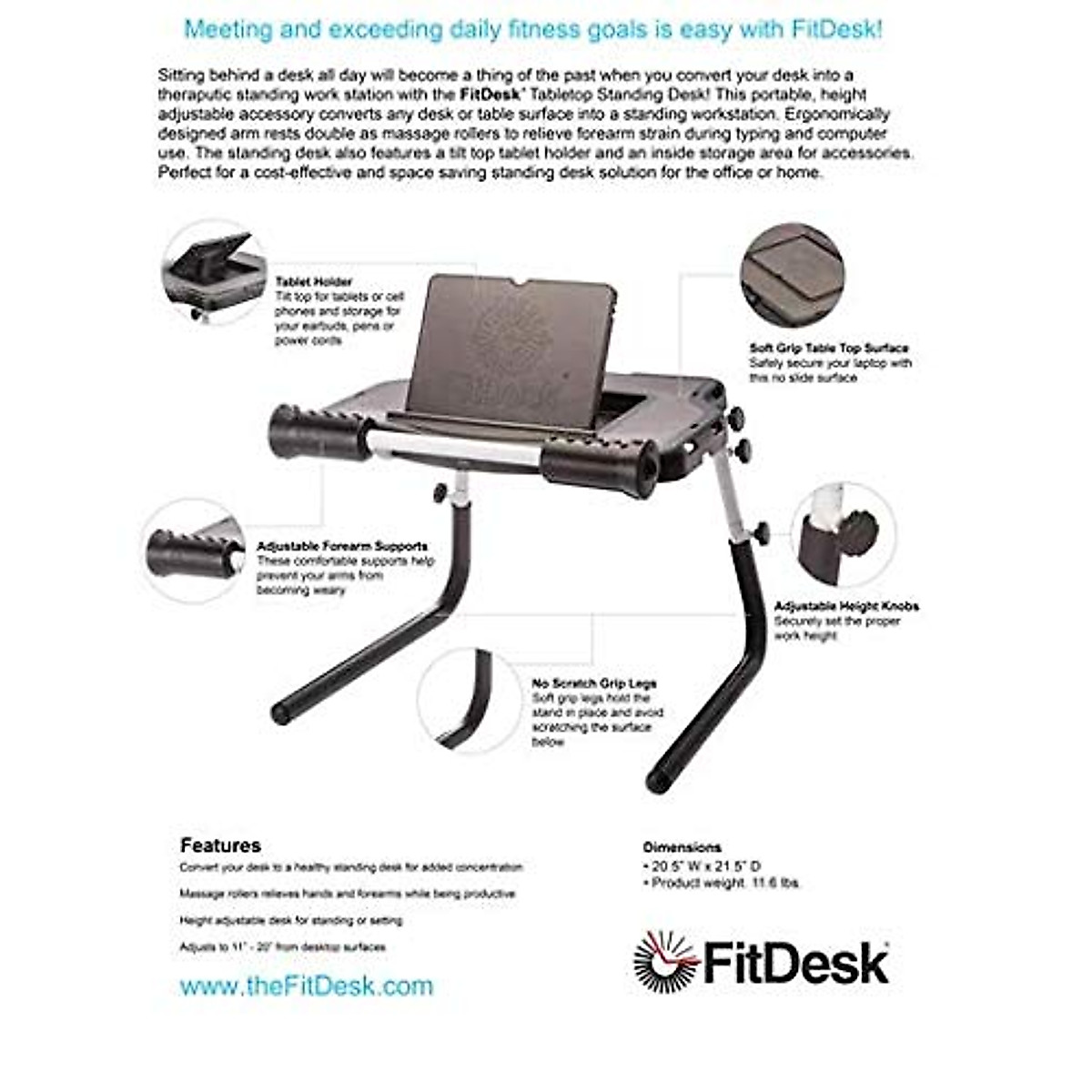 FitDesk Table Top Standing Desk with Massage Rollers and Forearm Supports - Soft Grip Surface Tablet Holder - No Scratch Grip Legs - Height Adjustable Range from 11" to 20"