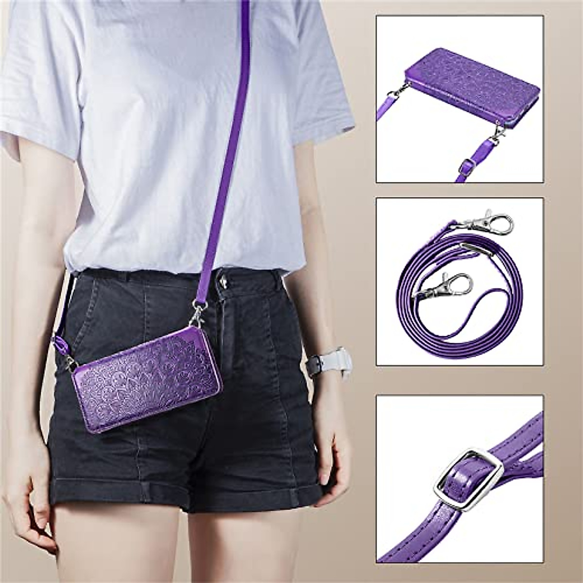 MTQLX Case for Oppo Reno2 z Wallet Case,Fashion Women Luxury Premium PU Leather Flip Protective Case Cover with [Long Lanyard],for Oppo Reno2 z- Purple