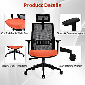 Giantex Big and Tall Office Chair 400lbs, Heavy Duty Ergonomic Mesh Chair with Adjustable Lumbar and 3D Headrest, Wide Orange Seat, High Back Computer Executive Desk Chair for Office, Conference Room