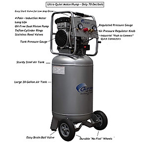 California Air Tools 20020-22060 Ultra Quiet & Oil-Free Air Compressor 2.0 Hp, 20.0 Gal. Steel Tank Air Compressor 220 Volts 60 Hertz