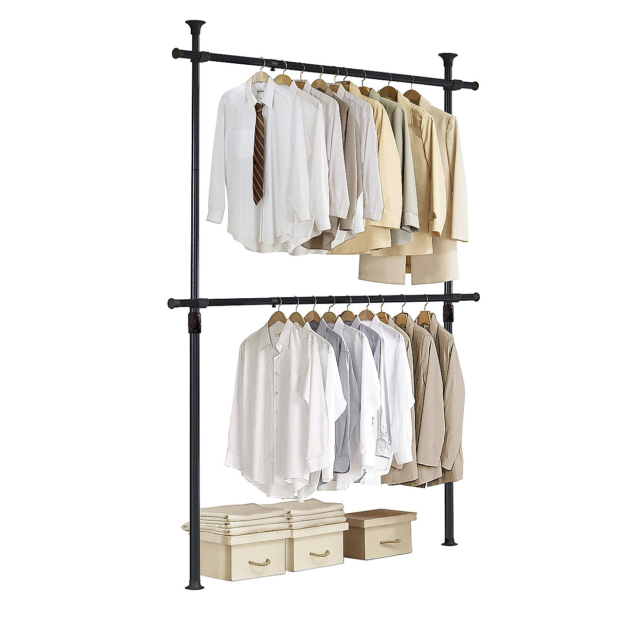 PRINCE HANGER Heavy Duty One Touch System Load 352LBS Clothing Racks for Hanging Clothes Metal Wardrobe Closet System Garment Tension Rod Free Standing Black Width Adjustable PHUS-0022