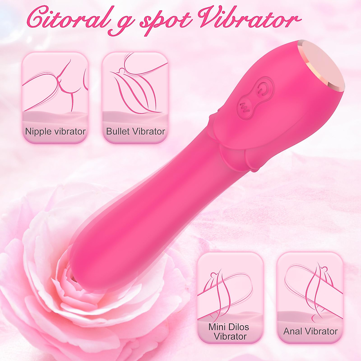 Clitoral G Spot Vibrator with 10 Vibration Modes, Powerful Soft Silicone Dildo Massager Vibrators for Anal Stimulation, Rose Sex Toys for Women