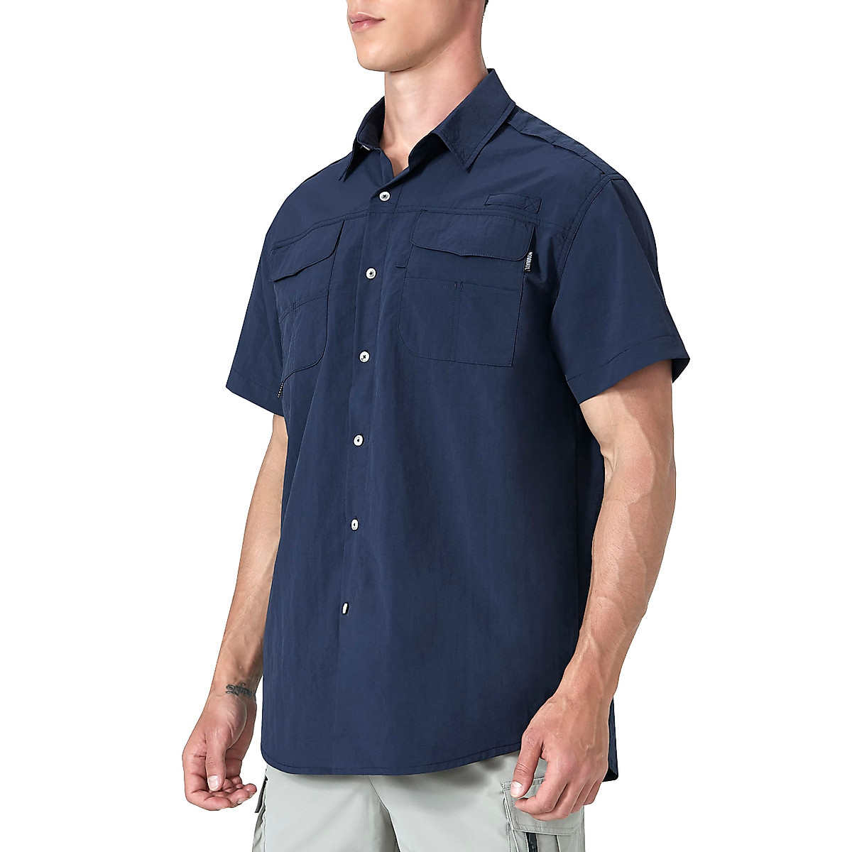 Mens Short Sleeve Fishing Shirts UPF 50+ Sun Potection UV Shirts for Hiking Button Down Shirts with Velcro Pockets for Work Navy