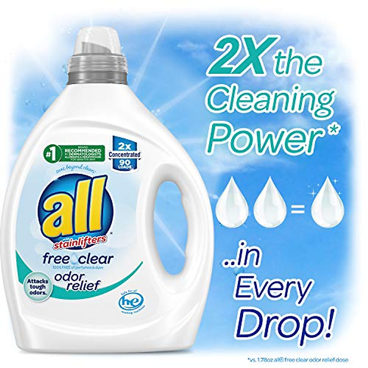all Laundry Detergent Liquid, Free Clear for Sensitive Skin, Odor Relief, Unscented and Hypoallergenic, 2X Concentrated, 90 Loads